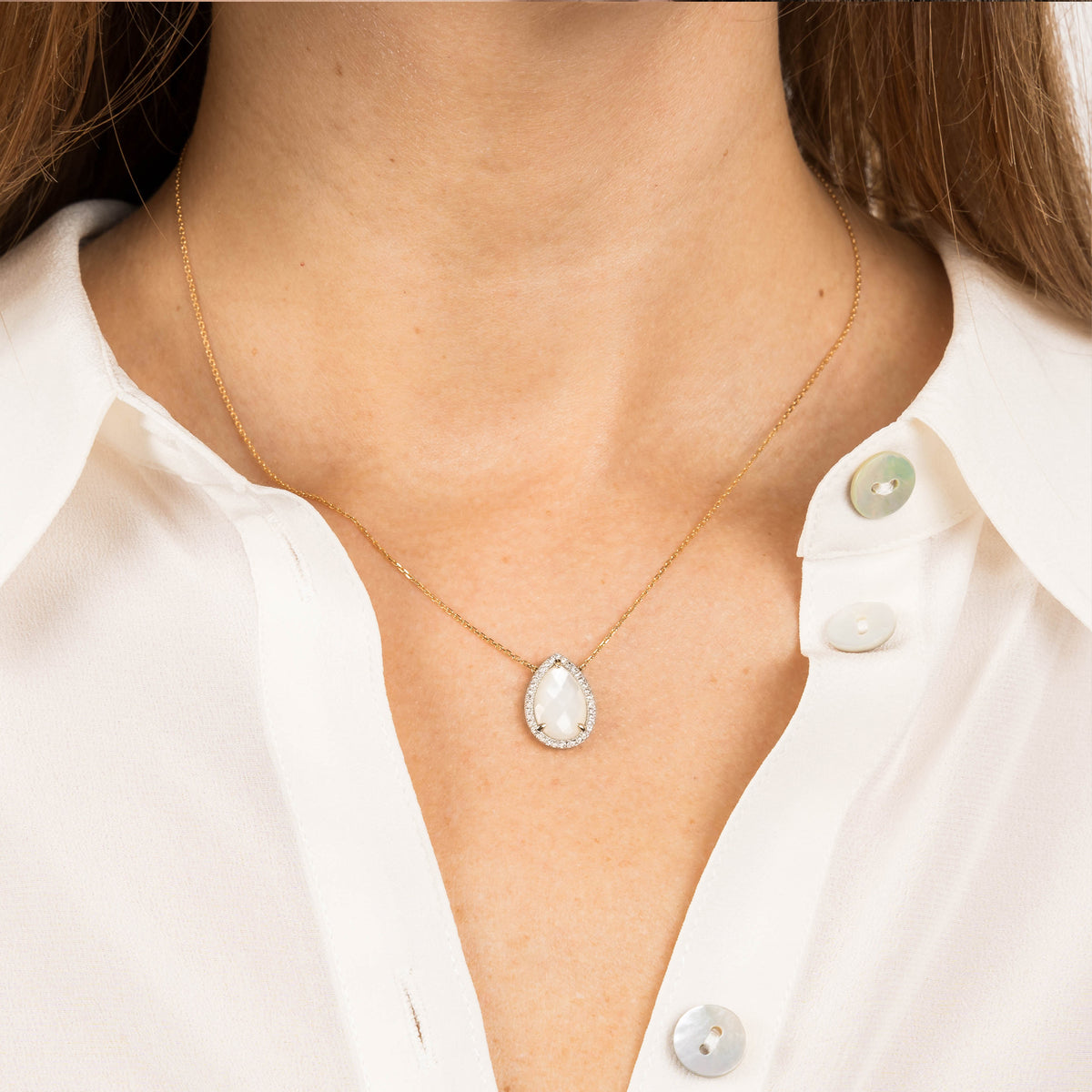 Morganne Bello 18ct yellow gold Alma pear mother of pearl diamond neck ...