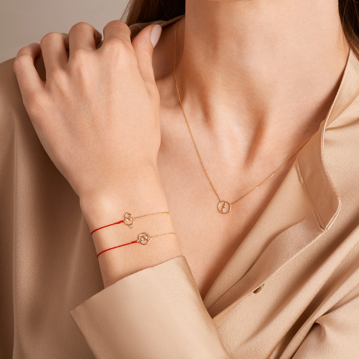 Ruifier 18ct yellow gold Scintilla Monkey red cord and chain bracelet ...